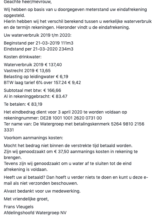 Watergroep waarschuwt voor valse factuur via mail | Ring